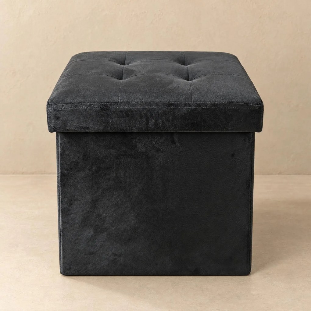 Puf s úložným prostorem, sametový, skládací, 38 × 38 × 38 cm, černý