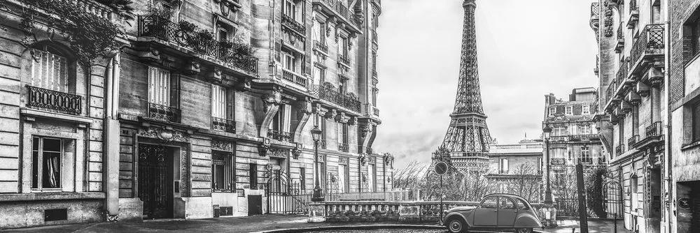 Obraz pohled na Eiffelovu věž z ulice Paříže v černobílém provedení Varianta: 120x40
