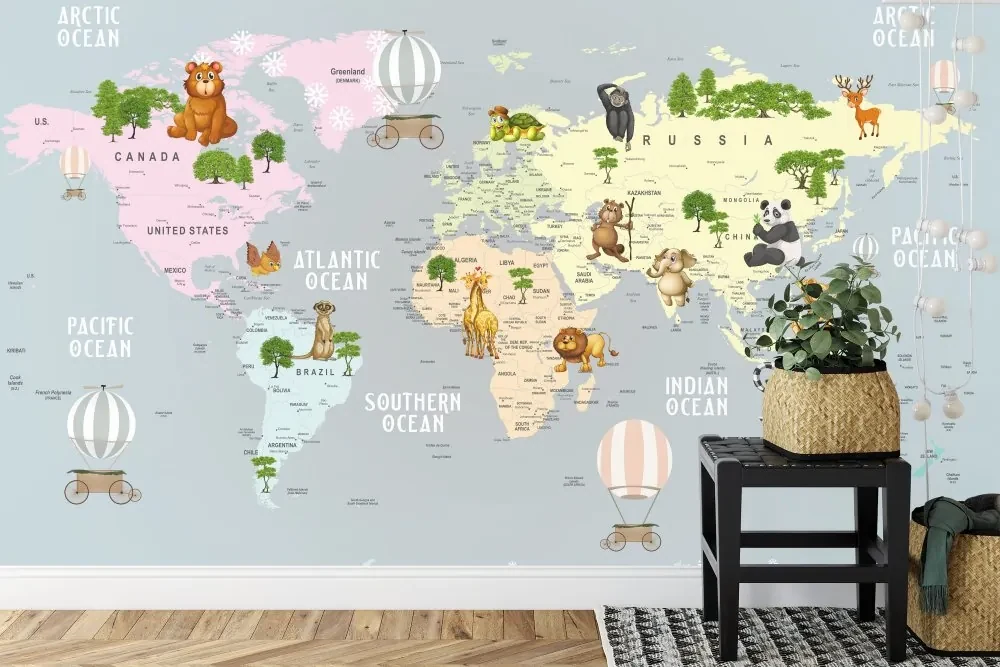 Fototapeta Animals World Map For Kids Wallpaper Design Vliesová tapeta ...
