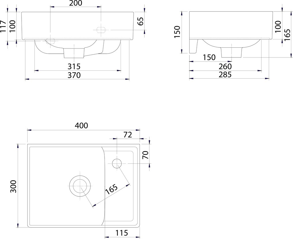 Sapho Sapho, NUALI keramické umyvadlo 40x30 cm, pravé, bílá, TU0128