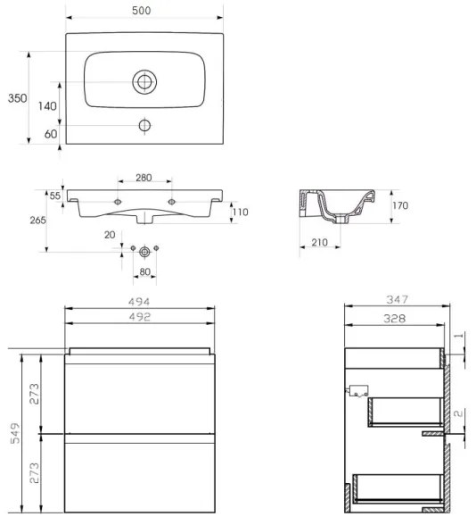 Cersanit S801-229-DSM - Závěsná koupelnová skříňka s umyvadlem MODUO SLIM bílá