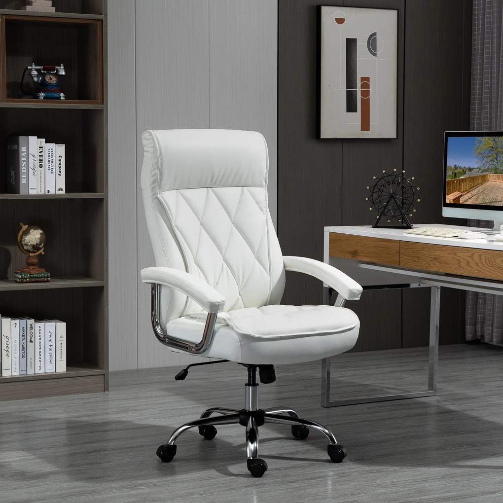 Kancelářská židle Vinsetto imitace kůže, ergonomická kancelářská židle, otočná židle s houpací funkcí, výškově nastavitelná, bílá