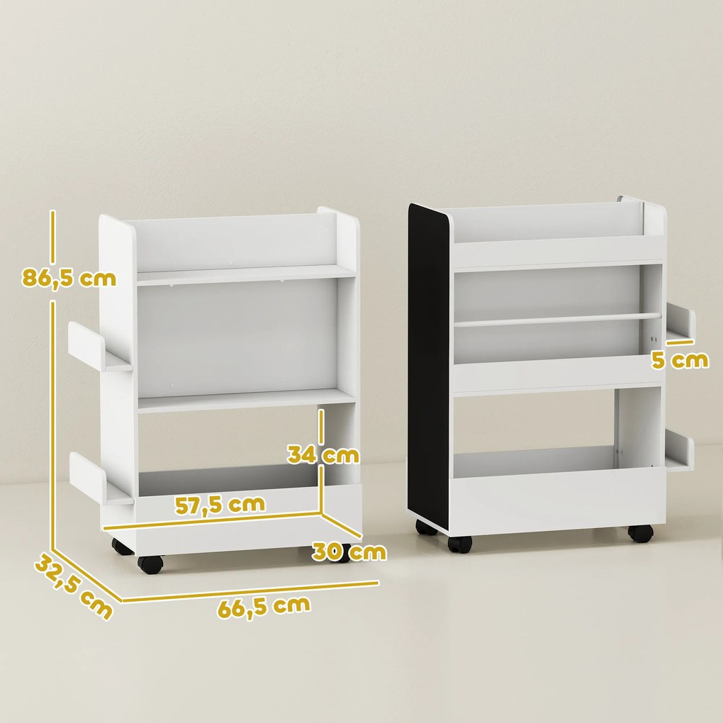 AIYAPLAY dětský regál na knihy na kolečkách, úložný prostor na knihy pro děti 3–8 let s tabulí, 66,5x32,5x86,5 cm, bílá