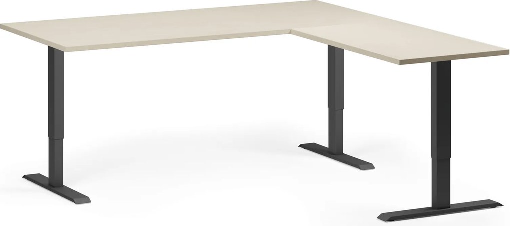 Rohový výškově nastavitelný stůl, 180x180 cm, 3 motory, L/P, černá podnož, bříza