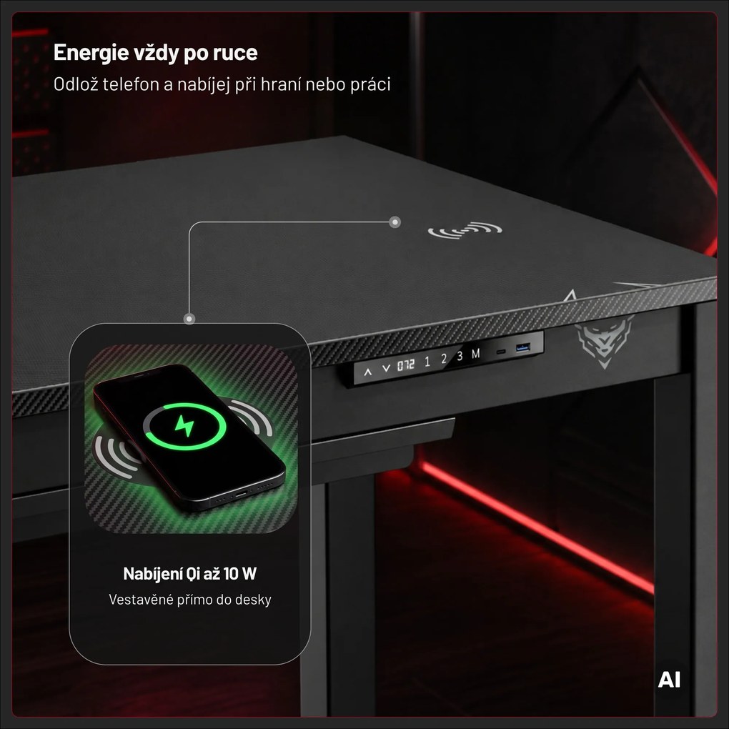 Herní stůl elektricky nastavitelný, vestavěná bezdrátová nabíječka QI a USB: Diablo X-RIFT černý