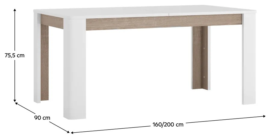 Jídelní rozkládací stůl, bílá extra vysoký lesk HG/dub sonoma tmavý truflový, 160-200x90 cm, LYNATET TYP 75