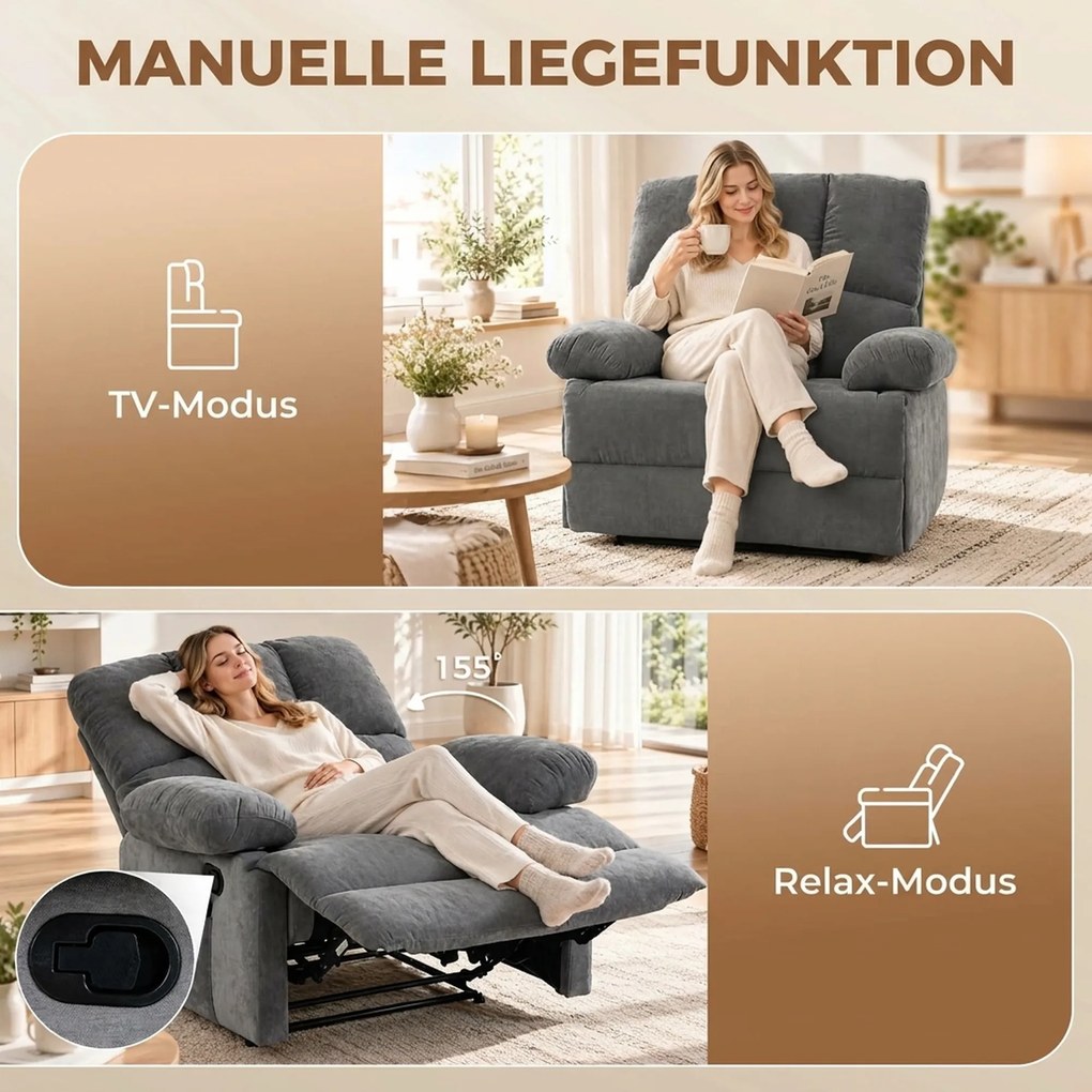 HOMCOM Masážní křeslo s vyhřívací funkcí, pohodlné televizní křeslo s podnožkou, šedé