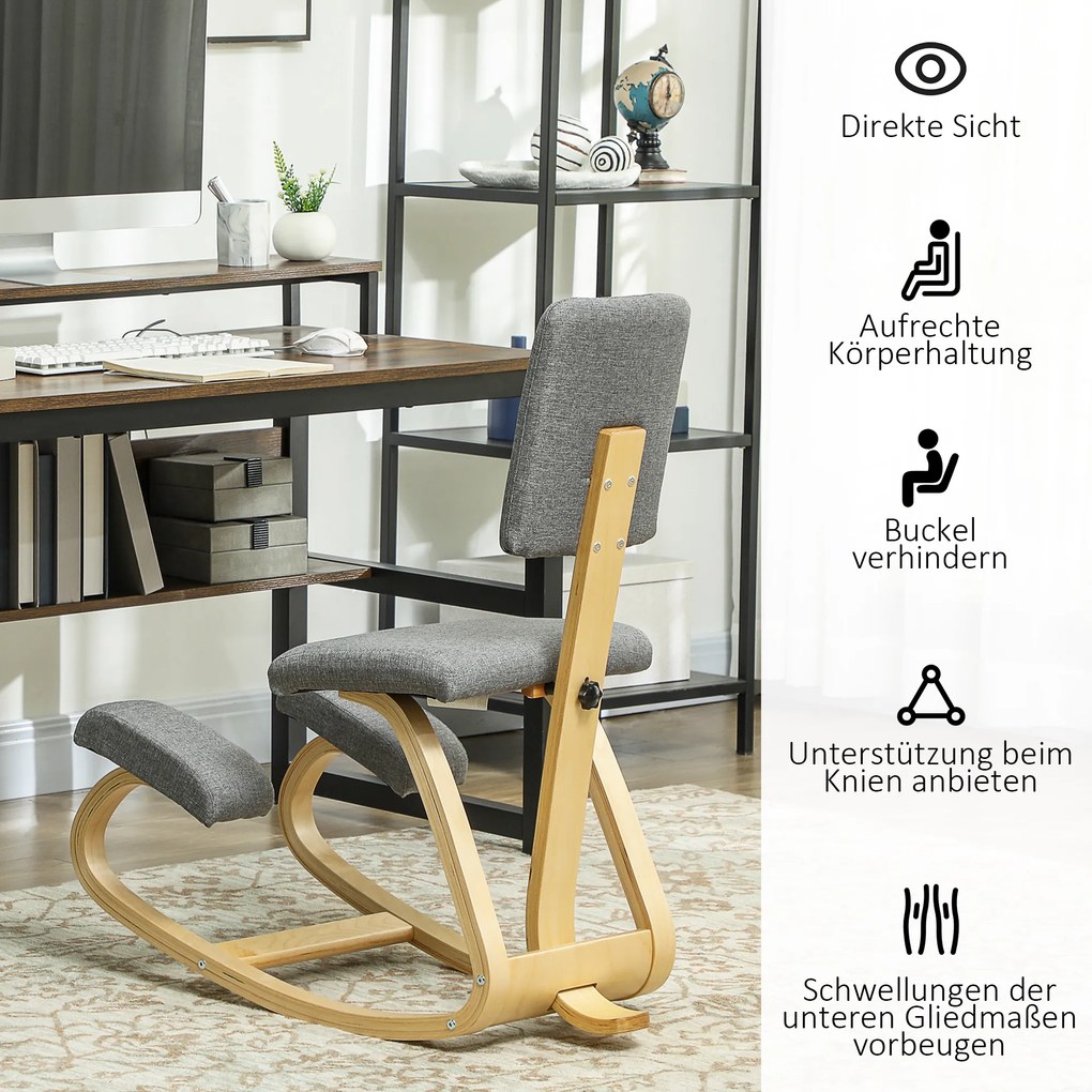 HOMCOM Ergonomická Kolenní Židle s Opěrkou, Houpací Kolenní Sedák, Ergonomická Dřevěná Židle, Ortopedická Kancelářská Židle, Korektor Držení Těla, Úl…