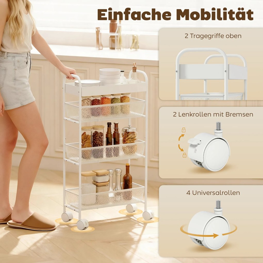 HOMCOM Kuchyňský vozík z kovu, 3 koše, úzký design, 4 kola, pro kuchyň, obývací pokoj, koupelnu, bílý