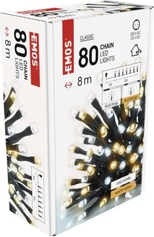 Vánoční osvětlení EMOS D4AN04 80LED řetěz 8m teplá/studená bílá s časovačem
