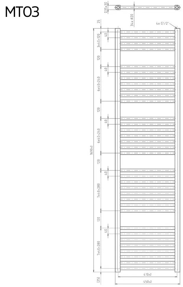 Mereo otopný žebřík rovný 450x1690 mm ocel bílý MT03