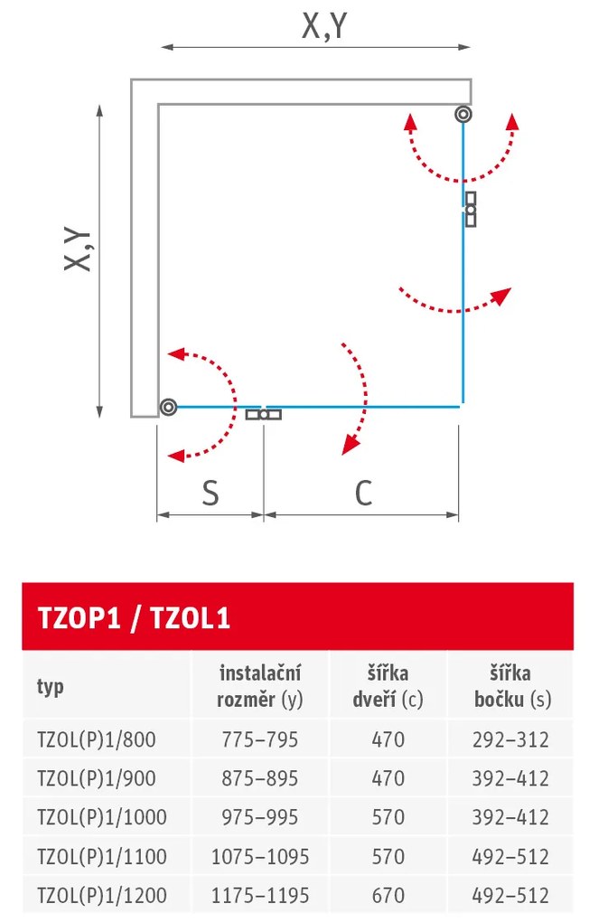 Roth Čtvercový nebo obdélníkový sprchový kout TZOL1+TZOP1 Varianta: šířka pravých dveří: 80 cm, šířka levých dveří: 110 cm - (TZOL1/800_TZOP1/1100), Barva profilů a typ výplně: profily: brillant, výplň: transparent