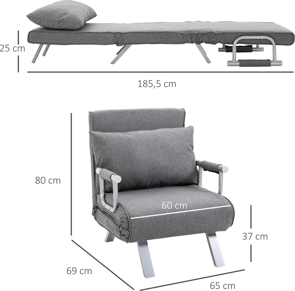 HOMCOM Rozkládací pohovka s područkou 65x69x80cm Rozkládací pohovka 3 v 1, lůžko pro hosty, lehátko, polyester podobný lnu, šedá| Aosom
