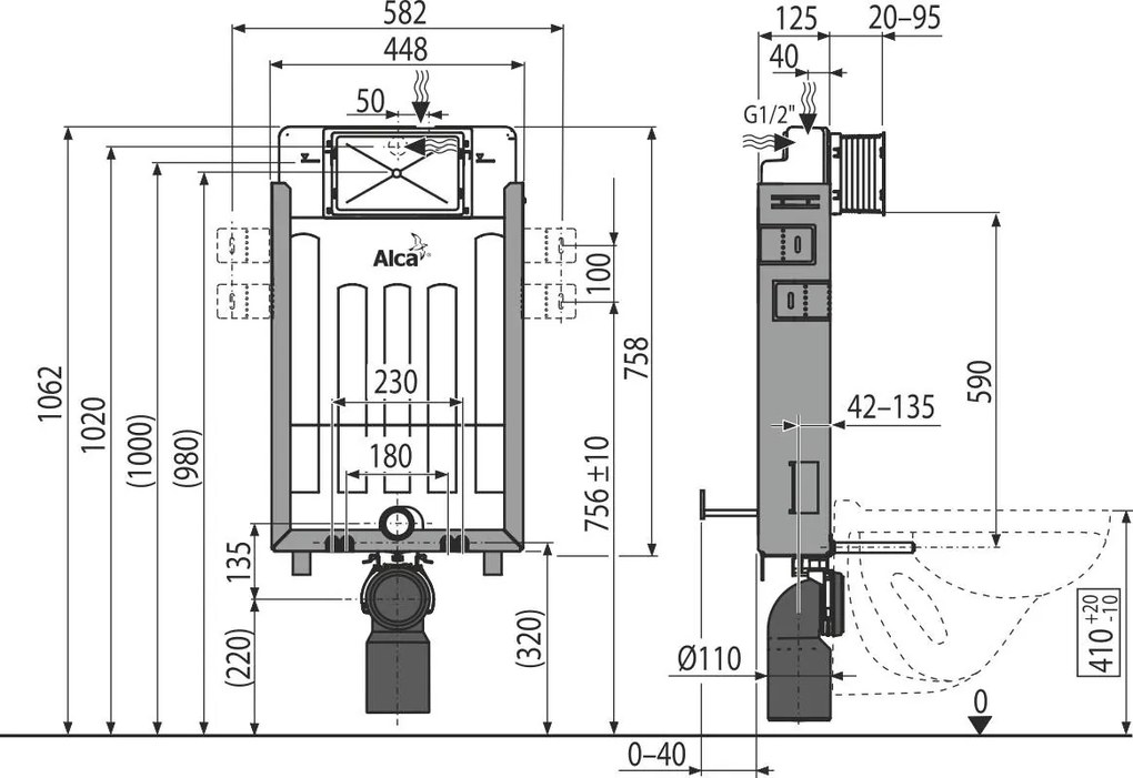 Alcaplast AM115/1000 Renovmodul komplet k zazdění se závěsným WC Creavit FREE FE322 Rim-Off + bidet 2v1