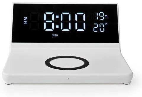 Nedis WCACQ20WT - Budík s LCD displejem a bezdrátovou nabíječkou 15W/5V bílá