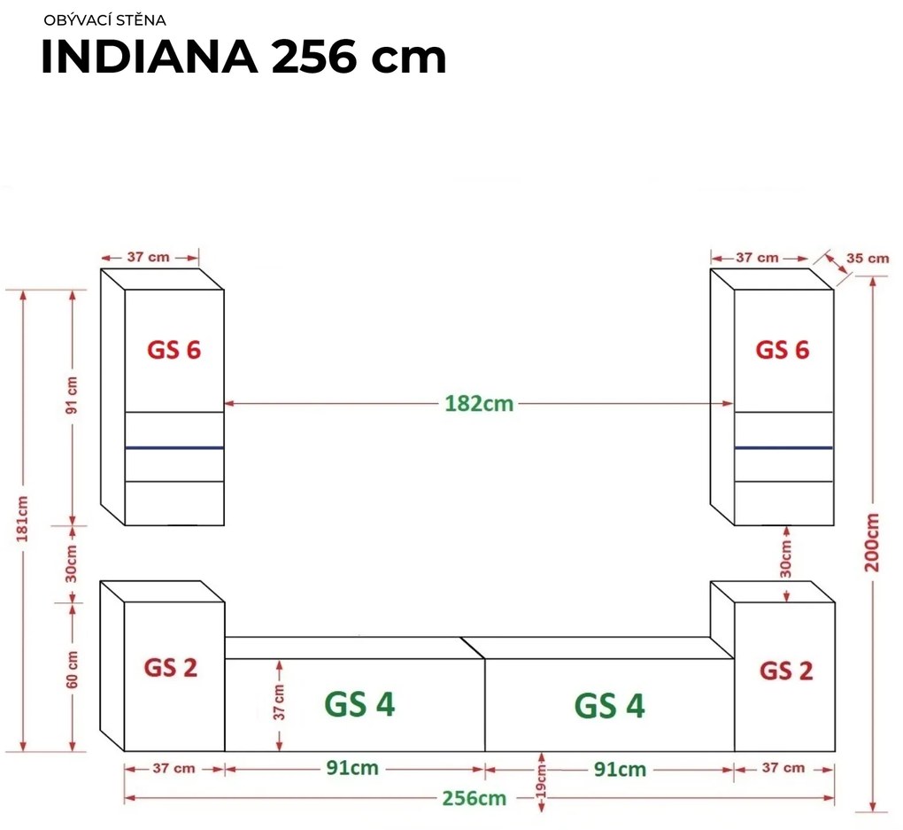 Ral Obývací stěna INDIANA 3, 256 cm - Černý lesk