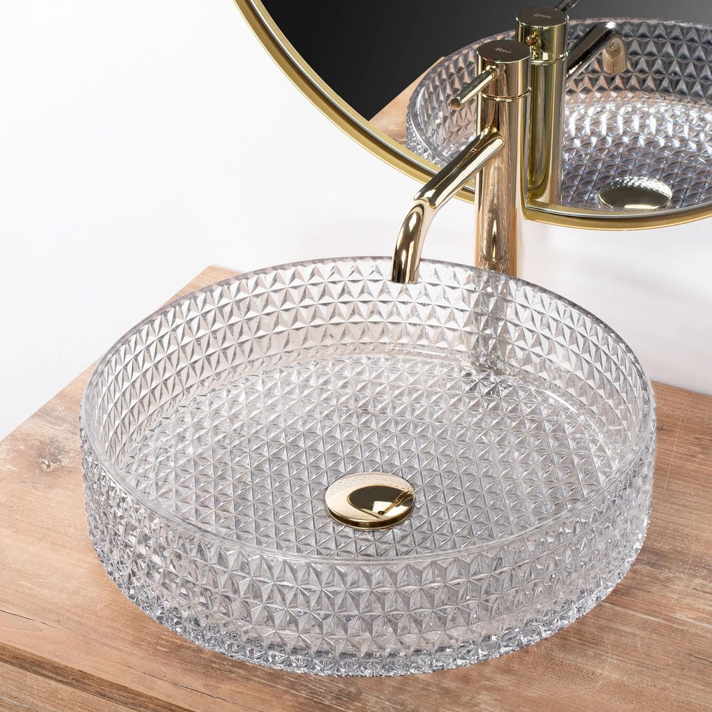 Rea, Umyvadlo na desku Rea Cristal Transparent 39 Gold brush ring, REA-U8881