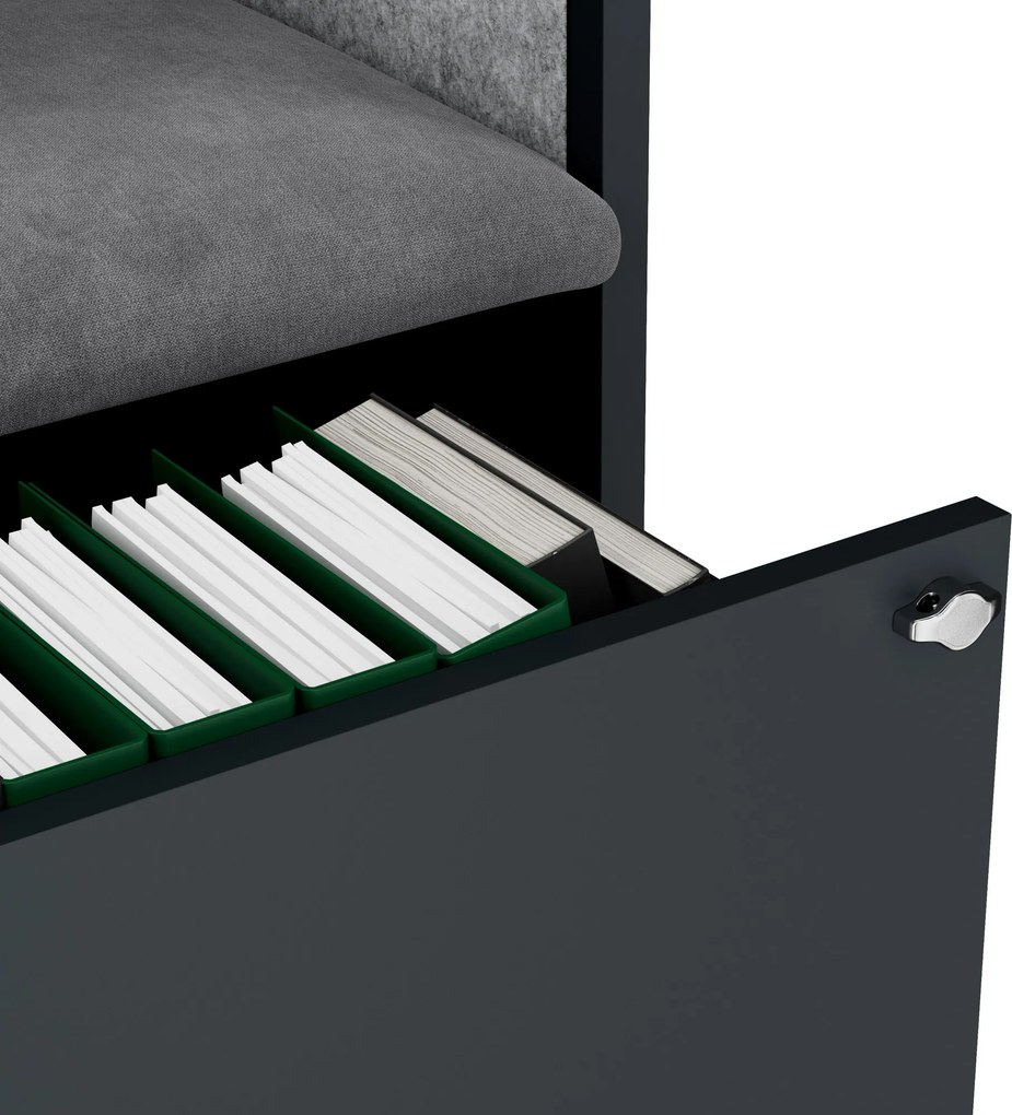 Kancelářská akustická kabina se sedátkem a USB-C portem, korpus antracitový / sedák šedá, 600 mm: SALLY MentalBox