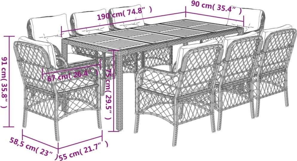 9dílný zahradní jídelní set s poduškami šedý polyratan 3212053