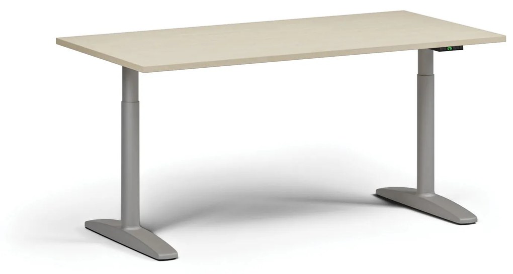 Výškově nastavitelný stůl OBOL, elektrický, 675-1325 mm, deska 1600x800 mm, šedá zaoblená podnož, bříza