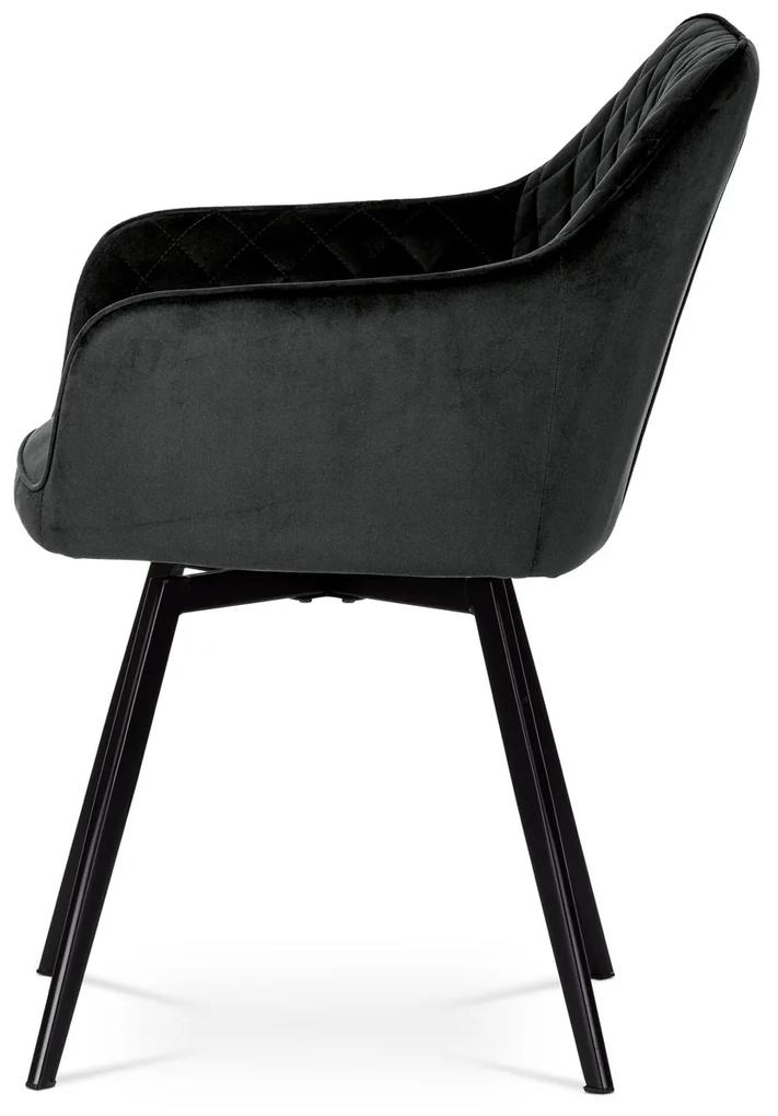 Jídelní židle, potah černá sametová látka, kovové nohy, černý matný lak