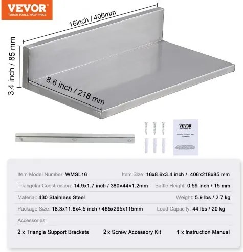 21,8 × 40,6 cm police z nerezové oceli, nástěnná plovoucí police s backsplash