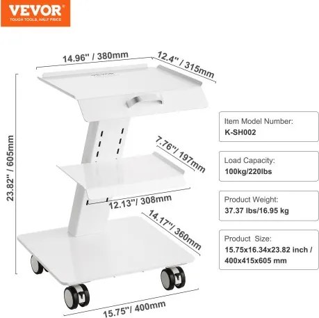 Laboratorní vozík, 3vrstvý pojízdný kovový pojízdný vozík s otočnými kolečky