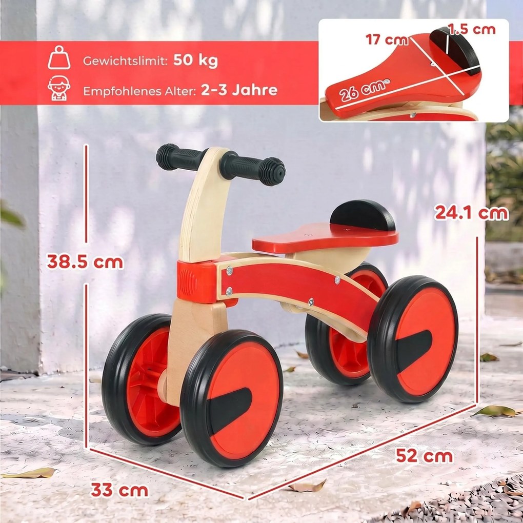 AIYAPLAY Dětské odrážedlo, dřevěné odrážedlo s EVA koly, vyšší opěrkou zad pro děti od 2–3 let, červené