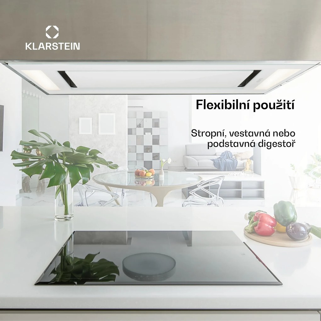 Klarstein Remy, digestoř, 90 cm, stropní, 630 m³/h, dálkové ovládání, bílá