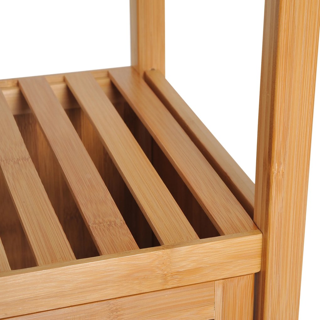 HOMCOM Koupelnová skříňka se 3 otevřenými přihrádkami z bambusu, toaletní skříňka přírodní 36x33x140cm pro optimální skladování
