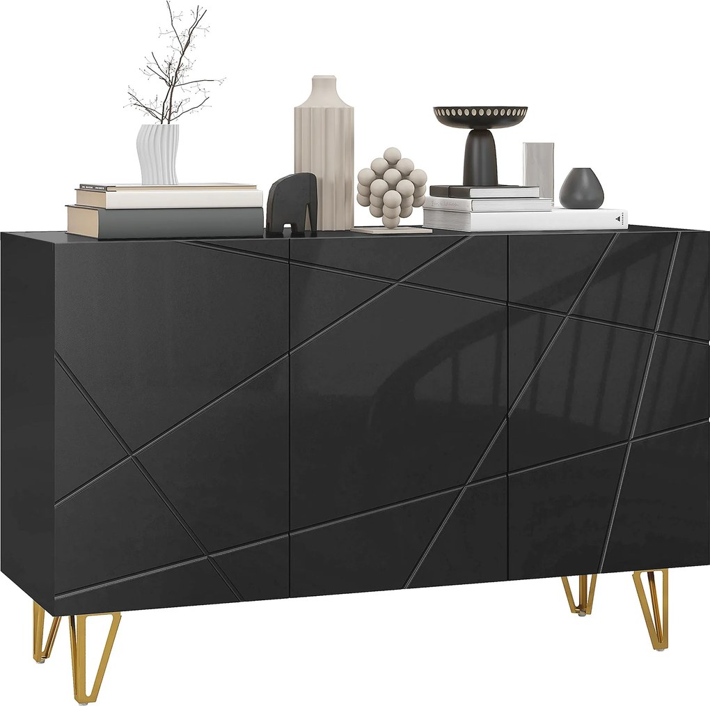 HOMCOM Kancelářský stolek do obývacího pokoje, záznamový stolek s 3 dveřmi a nastavitelnými policemi pro kuchyň 120x40x75 cm černý lesklý | Aosom