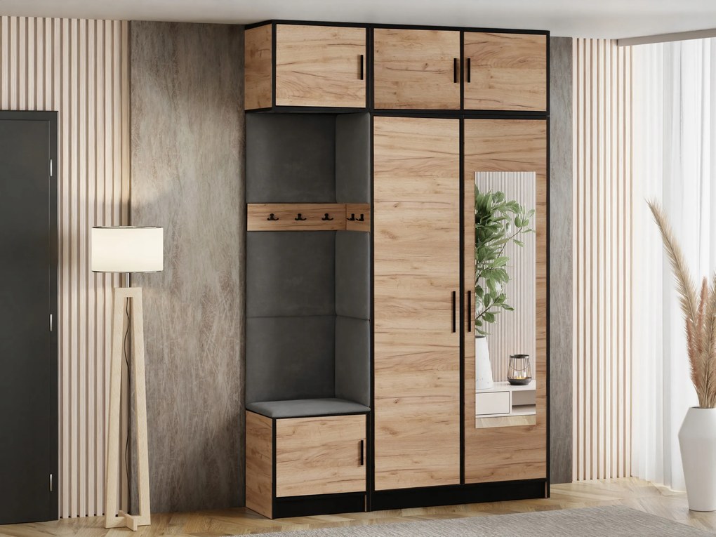 Šatní skříň ROJ 13 dub Craft zlatý + šedý s nástavcem