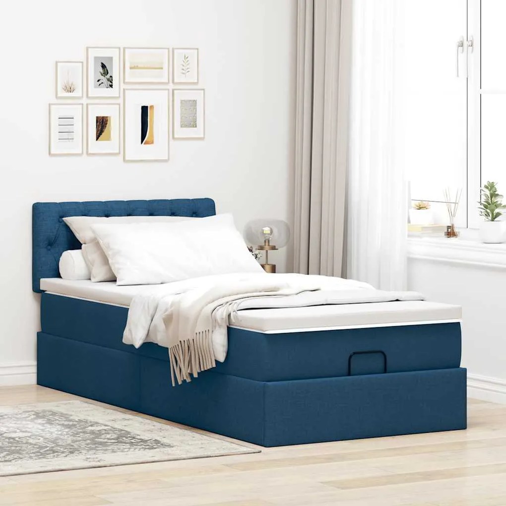 Osmanská postel s matrací &amp; LED modrá 100x200 cm látka 3312373