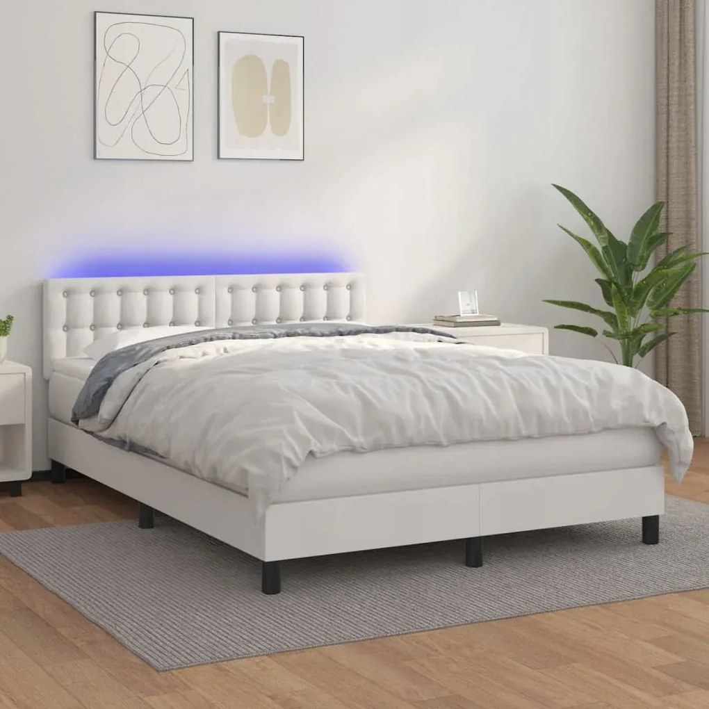 Box Spring Postel S Matrací A Led Umělá Kůže Bílá tlačítka 140 x 200 cm