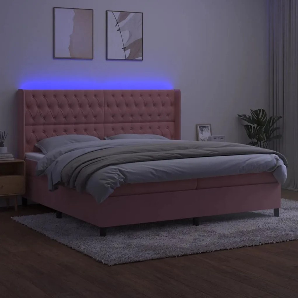 Box spring postel s matrací a LED růžová 200x200 cm samet 3139768