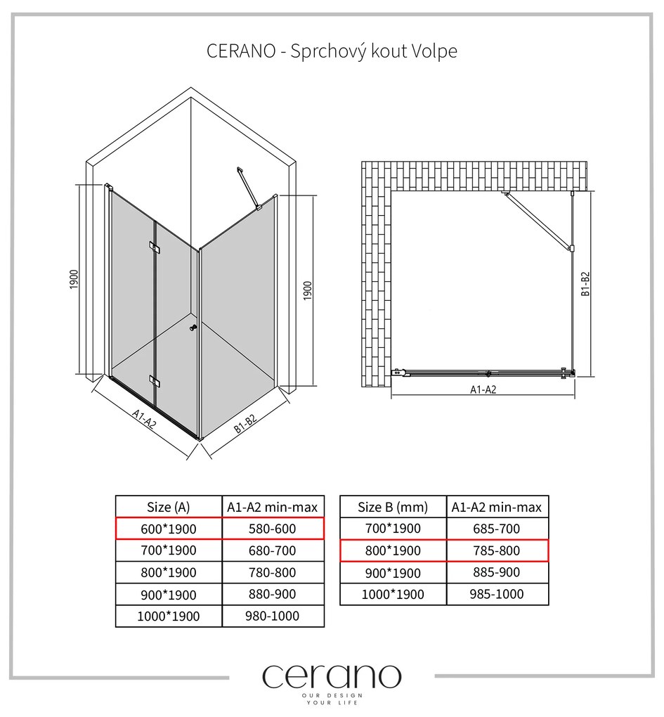 CERANO - Sprchový kout Volpe L/P - chrom, transparentní sklo - 60x80 cm - skládací