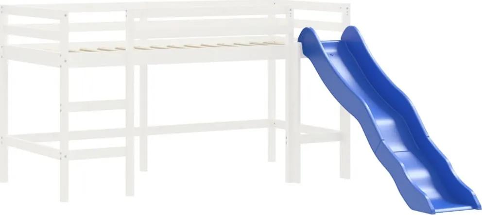 vidaXL Dětská patrová postel se závěsy bílá a 90x200 cm borovice [3207023] Barva: Přírodní a modrá