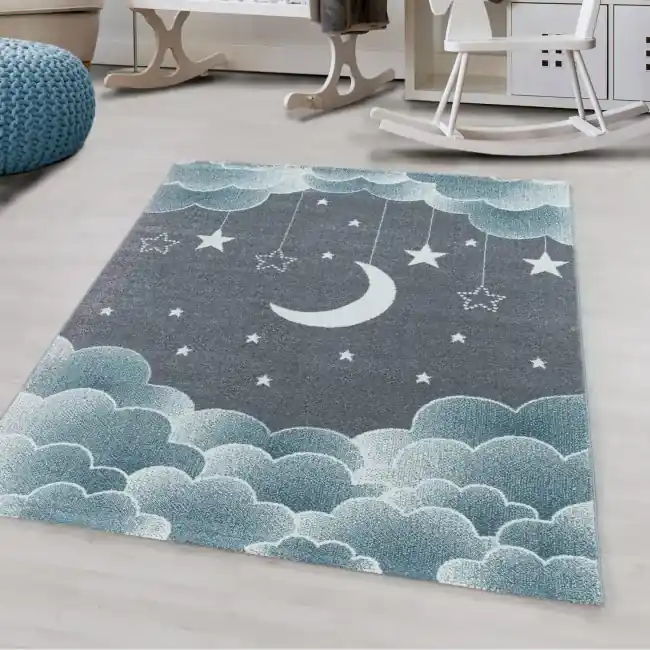 Dětský koberec Funny měsíc nad oblaky modrý / šedý | BIANO