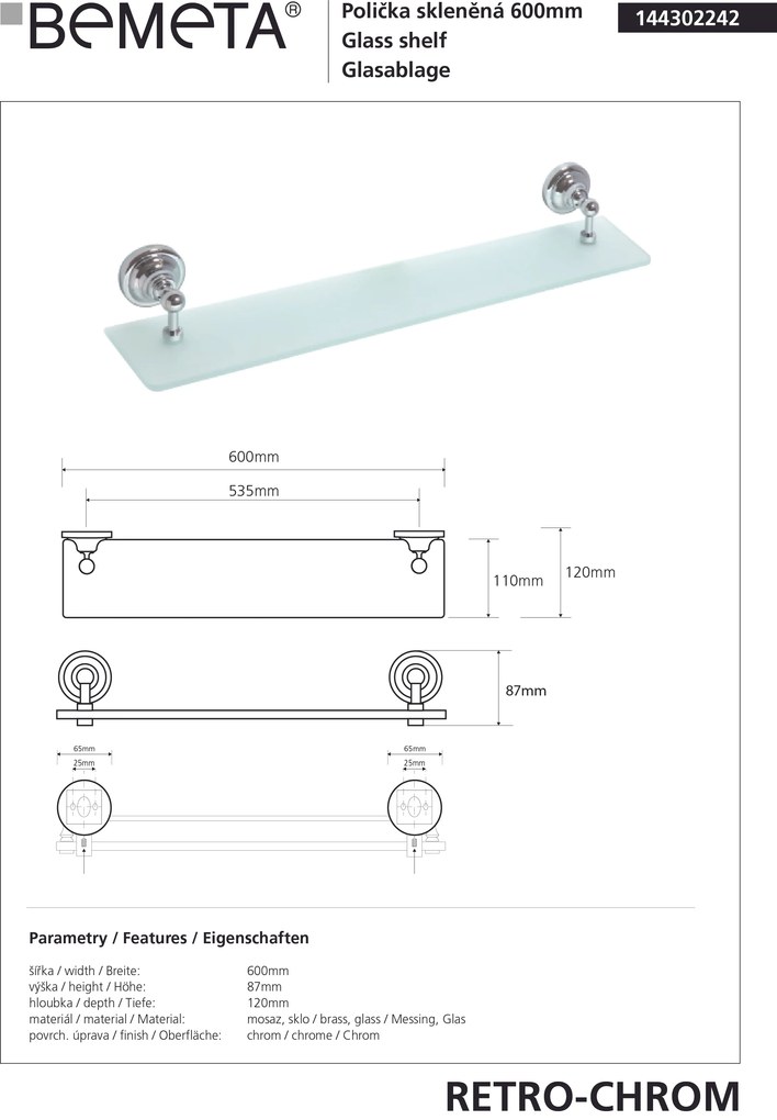 Bemeta Design RETRO chrom: Polička skleněná, 600 mm -