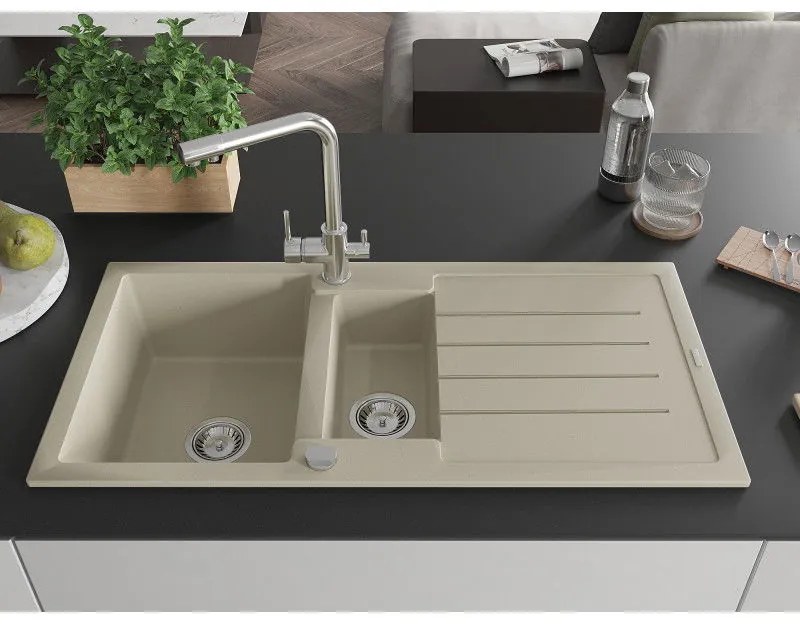 Mexen Andres, granitový dřez 1000x500x200 mm, 1,5-komorový + chromová baterie Duero, béžová, 6515-69-671600-00