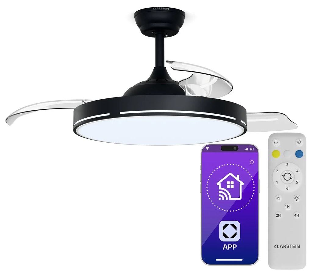 Klarstein AirFold, Chytrý stropní ventilátor, Skládací lopatky, Nastavitelné LED světlo, Smart
