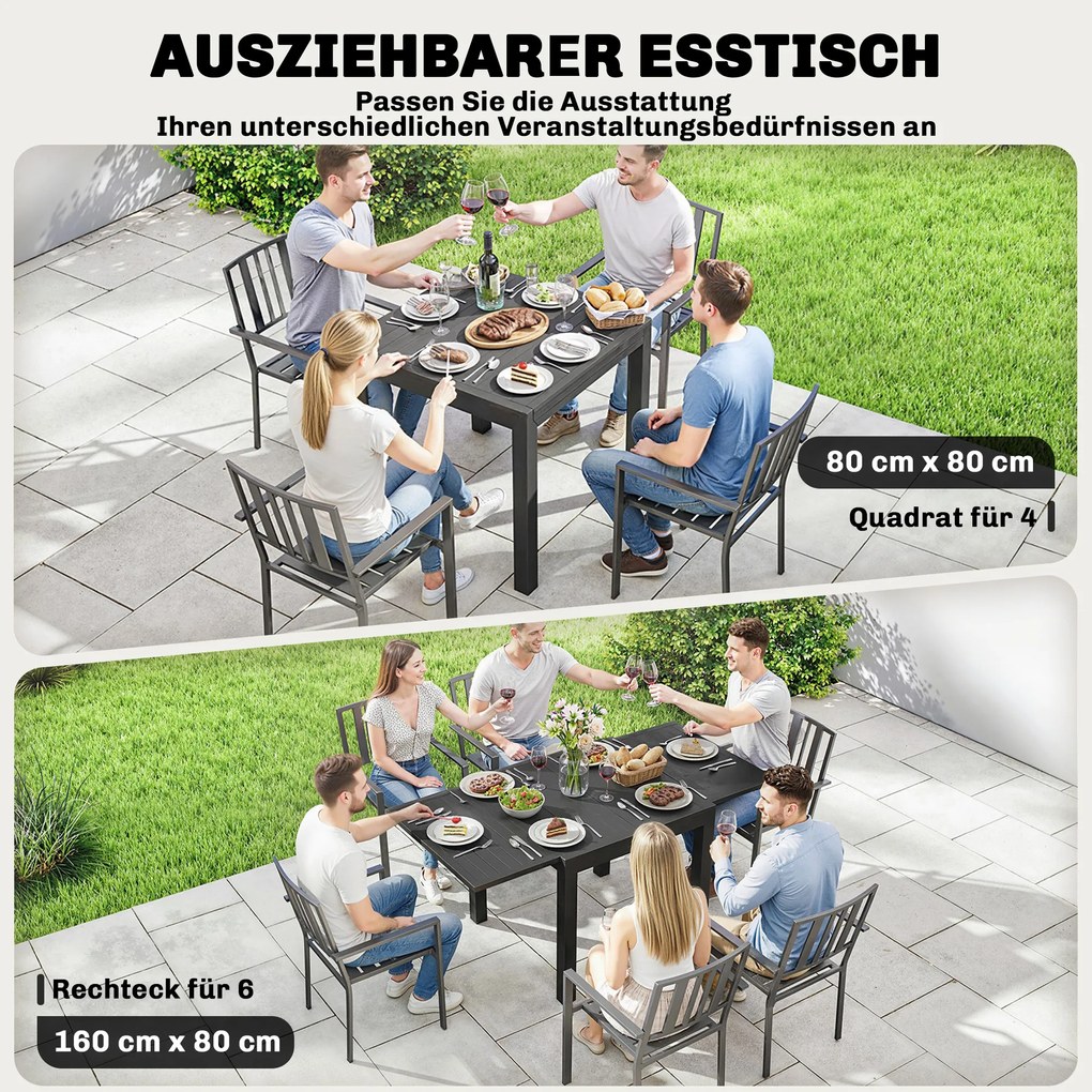 Zahradní stůl Rozkládací hliníkový jídelní stůl 80/160 x 80 cm pro 4-6 osob, obdélníkový s lamelovou deskou