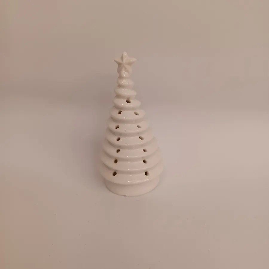 LED svítící dekorace keramický stromeček, 6,2 × 6,2 × 11,2 cm, teple bílá, 2× LR44