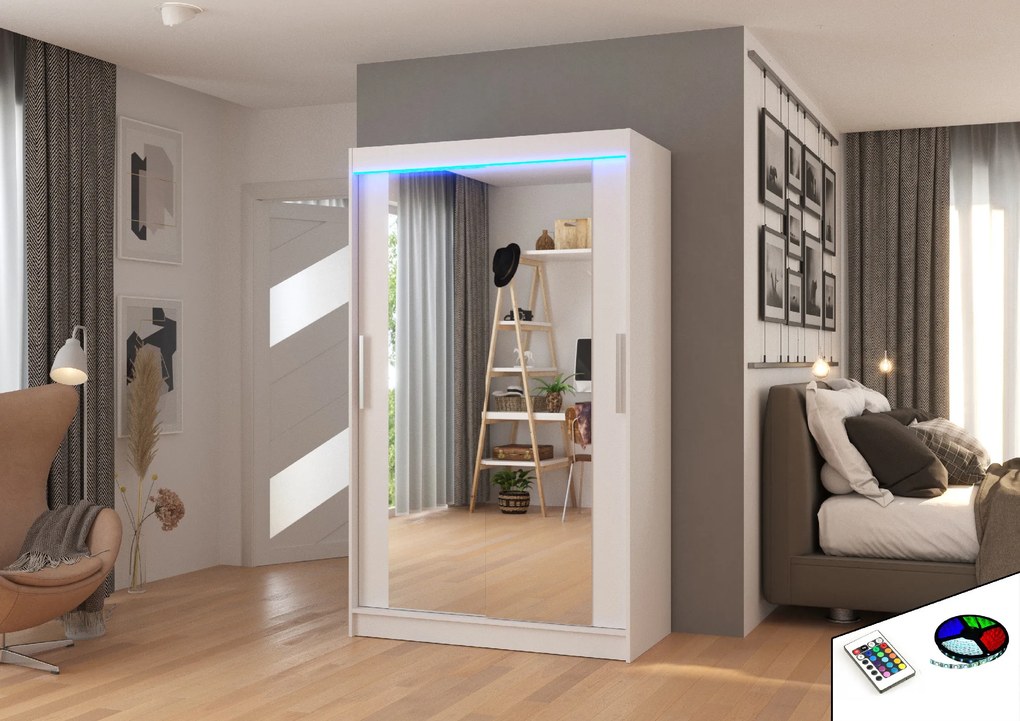 ADRK Furniture Posuvná skříň se zrcadlem a LED osvětlením TIBAGO 120 ADRK-SW-TIB-W-120+L