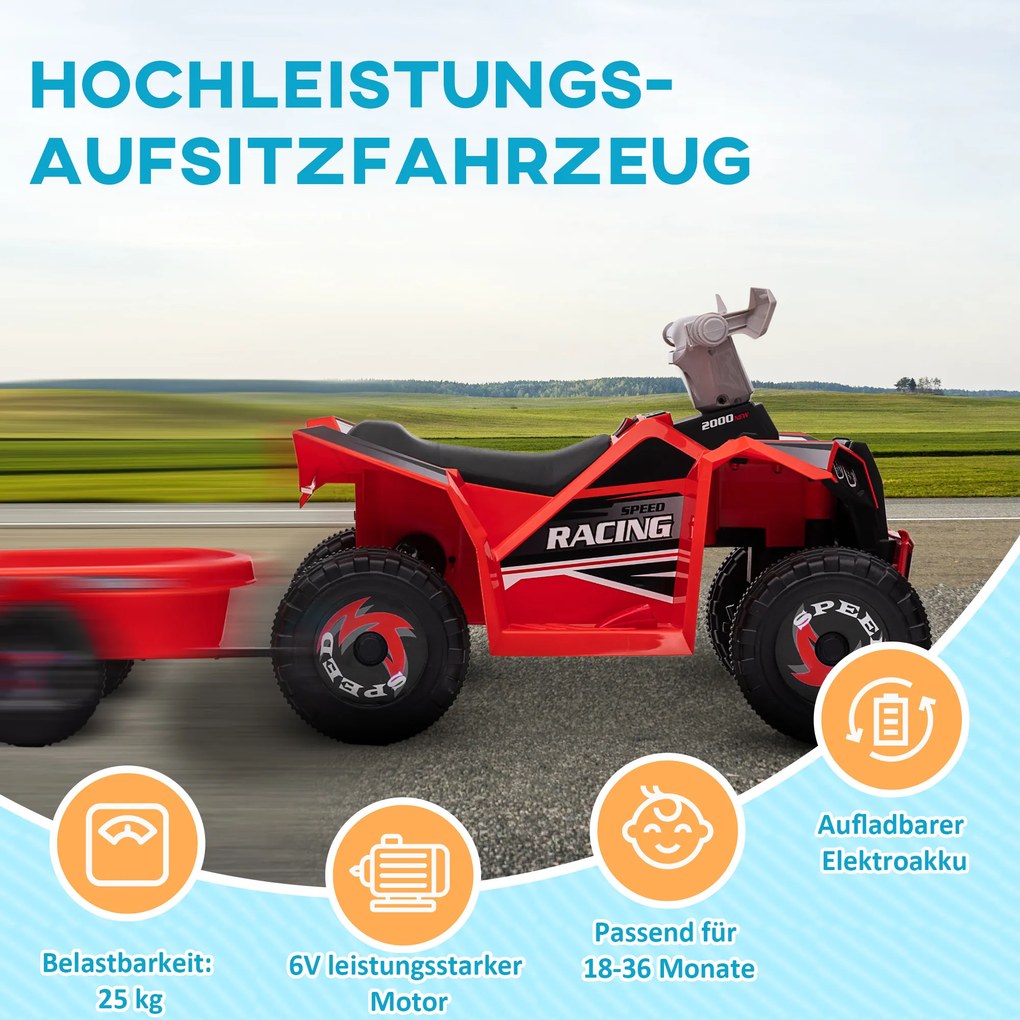 HOMCOM Prodám elektrickou čtyřkolku, s přívěsem, rychlost vpřed a vzad, oděruvzdorná kola, kovová, pro 1,5-3 roky, nosnost 25 kg, červená