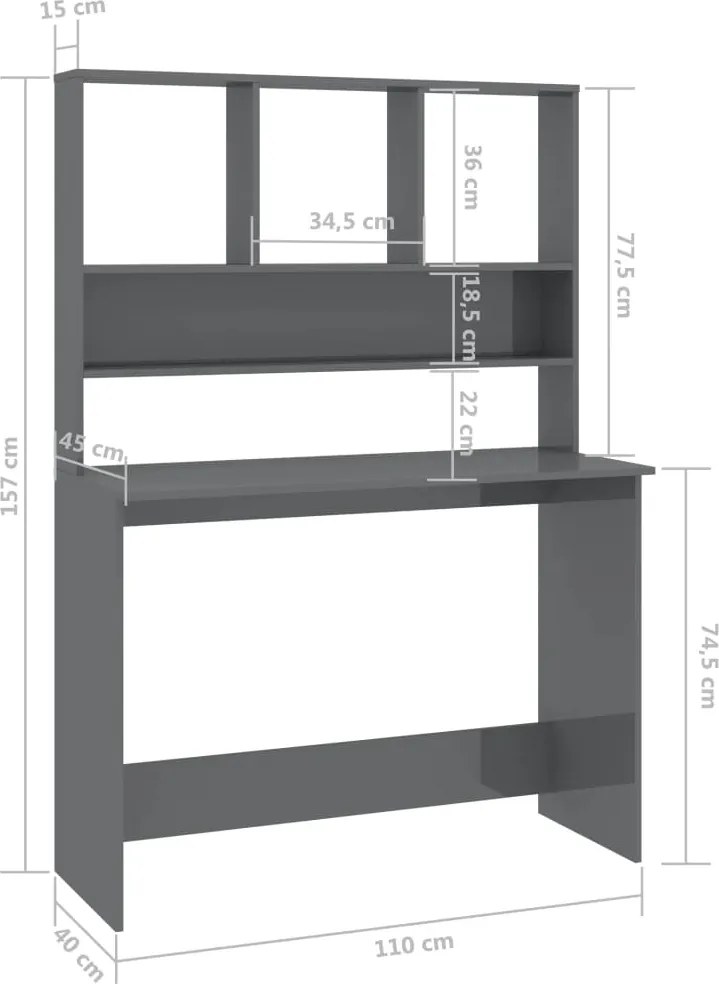 vidaXL Marketos Psací stůl a police šedý vysoký lesk 110x45x157 cm dřevotříska