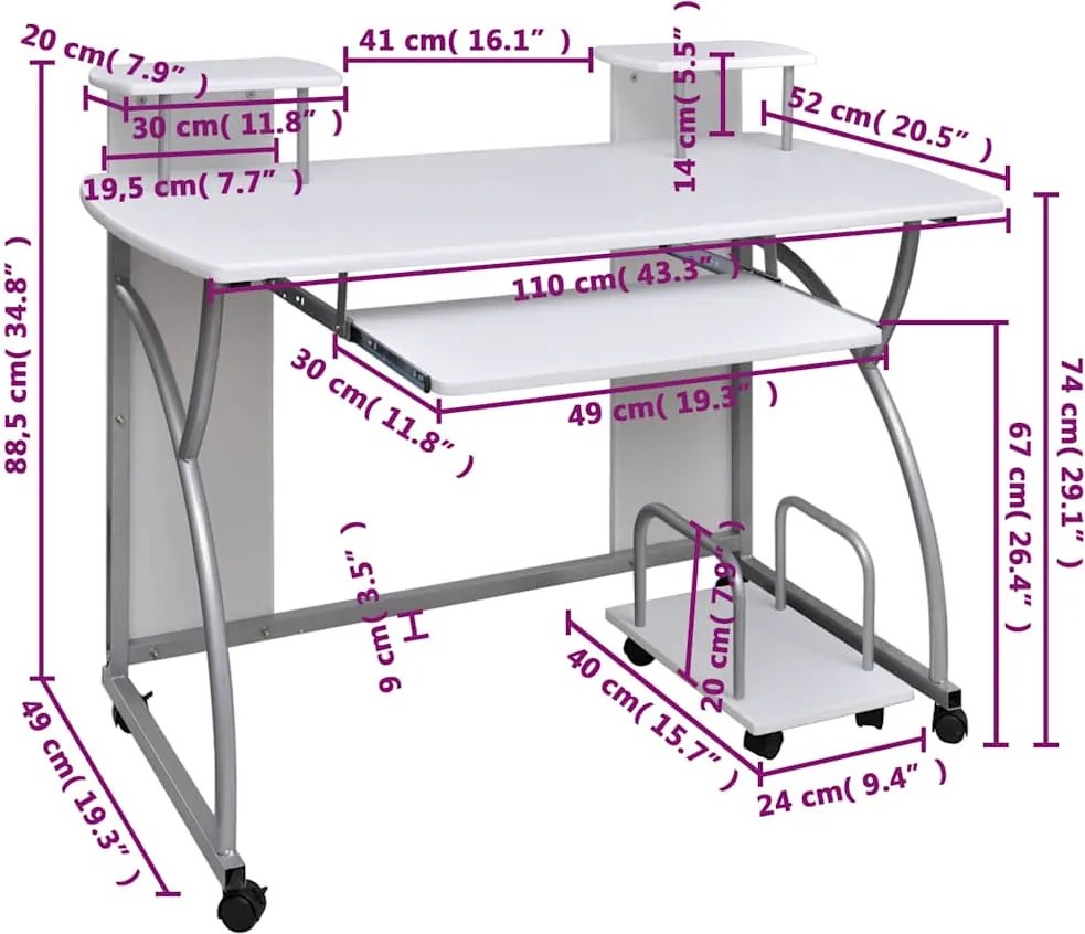 Počítačový stůl Bílý 110 x 52 x 88,5 cm kompozitní dřevo 20584
