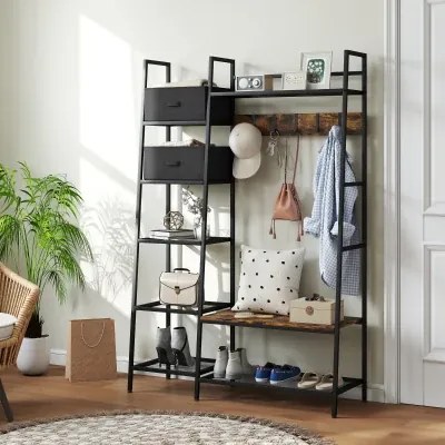 HOMCOM stojan na oblečení v industriálním designu, 8 polic, 5 věšáků, 1 botníková lavice, 2 šuplíky, šedá + hnědá