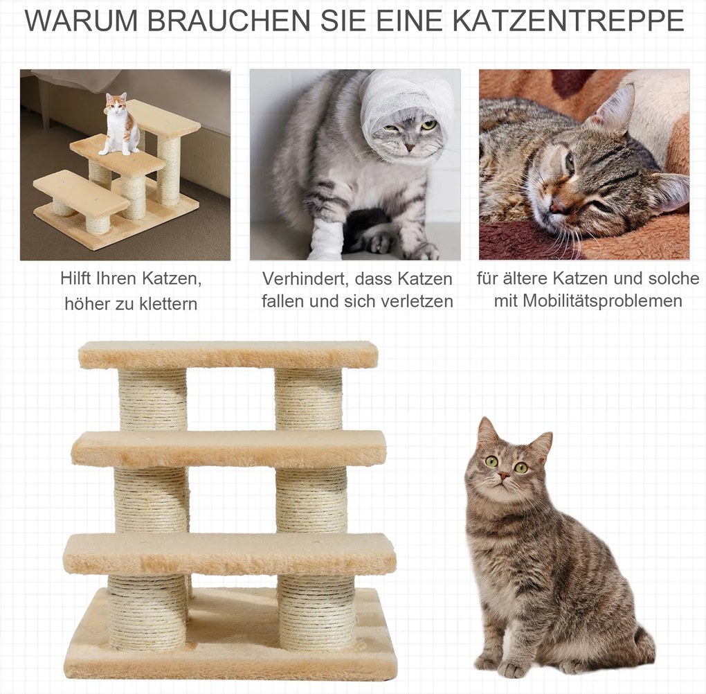 Schody pro kočky PawHut pro staré kočky s artritidou, výška schodu 11 cm, schody pro psy a kočky, plyš, krémová barva | Aosom.de