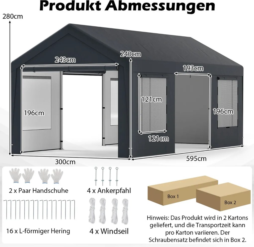 Costway Carport Stan Garáž s 8 odnímatelnými bočními stěnami a rolovacími dvířky